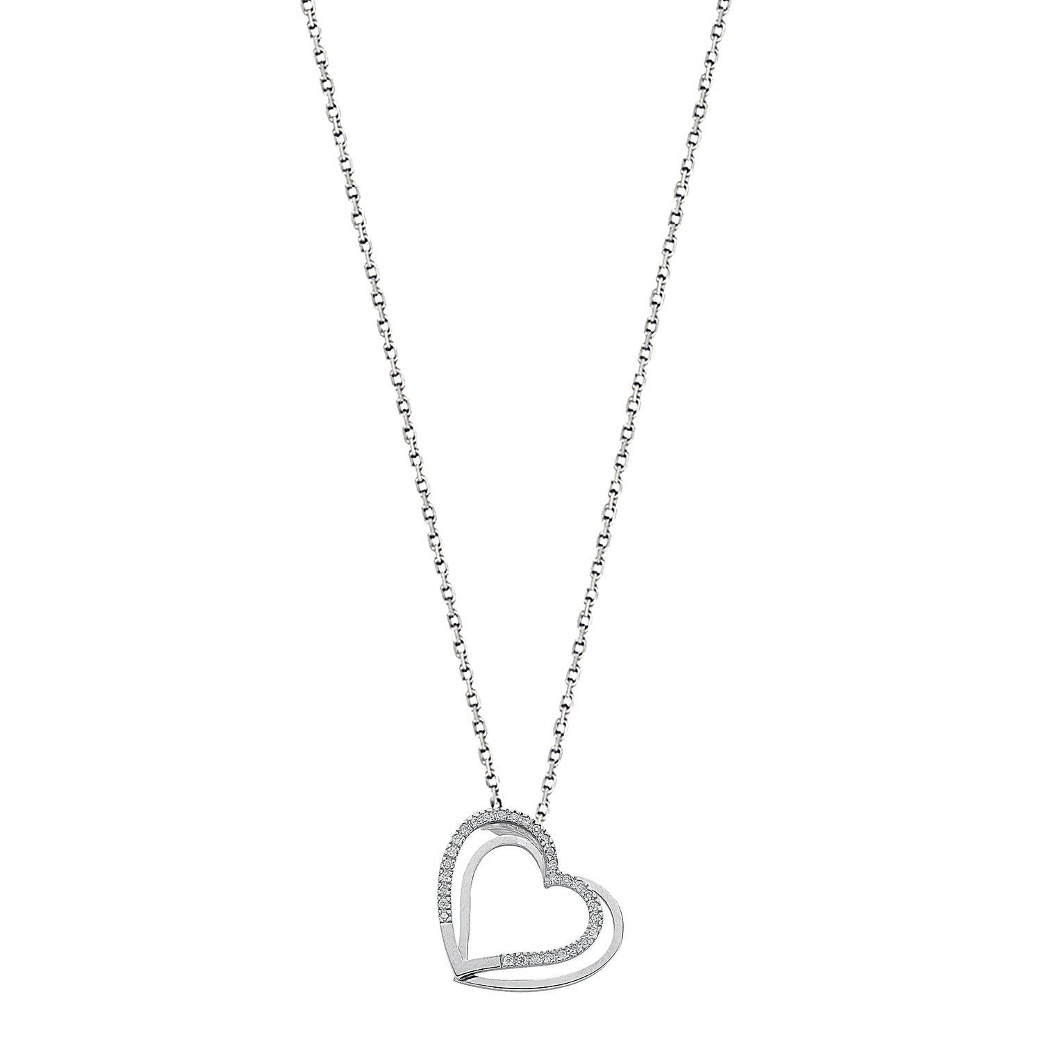 9ct White Gold 0.15ct Diamond Double Heart Pendant with 18in/45cm Ch ...